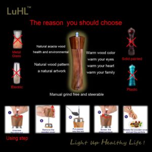 LuHL™ 8 inch Small pretty waist Acacia wooden pepper or salt mill, manual spice grinder