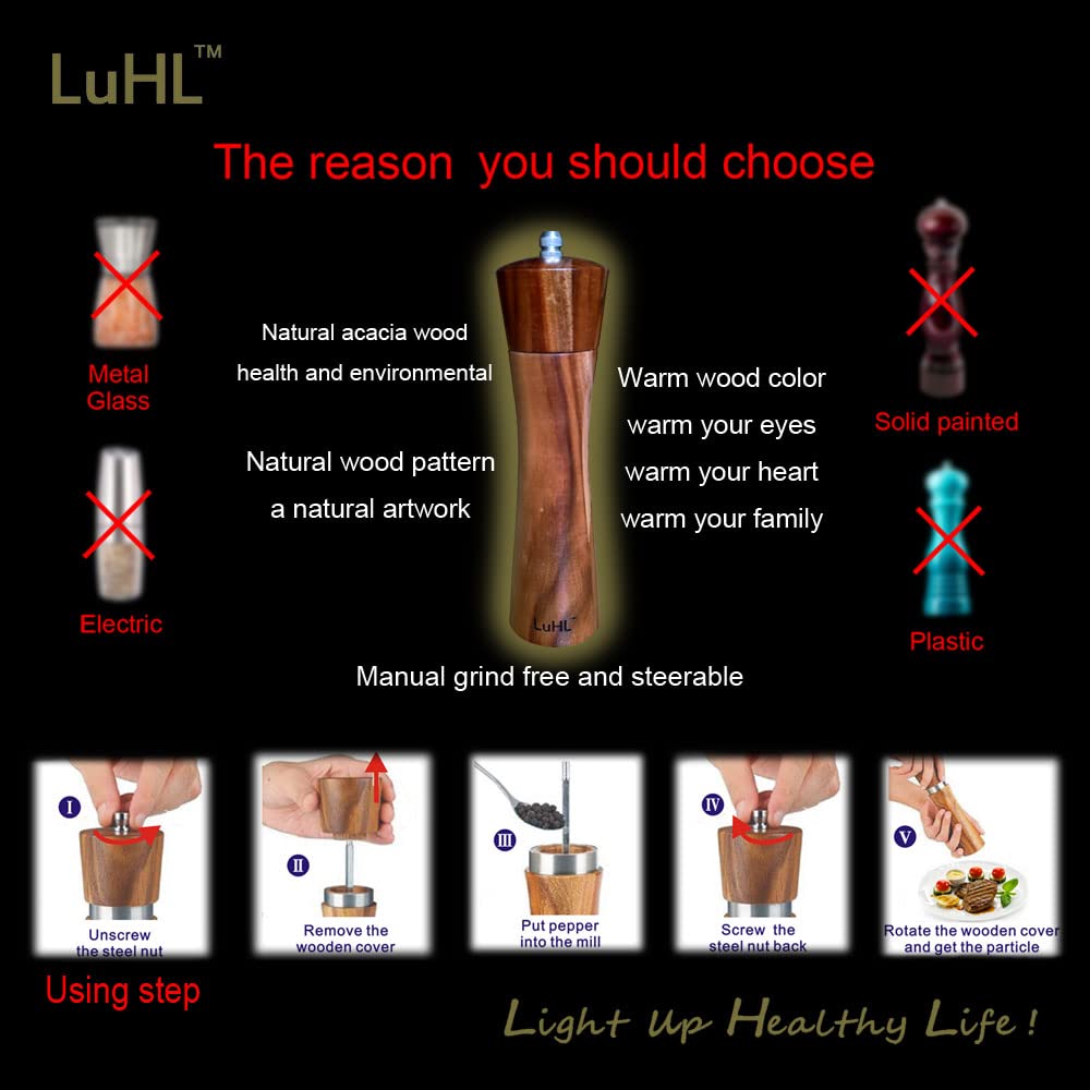 LuHL™ 8 inch Small pretty waist Acacia wooden pepper or salt mill, manual spice grinder