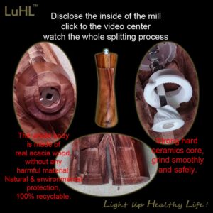 LuHL™ 8 inch Small pretty waist Acacia wooden pepper or salt mill, manual spice grinder