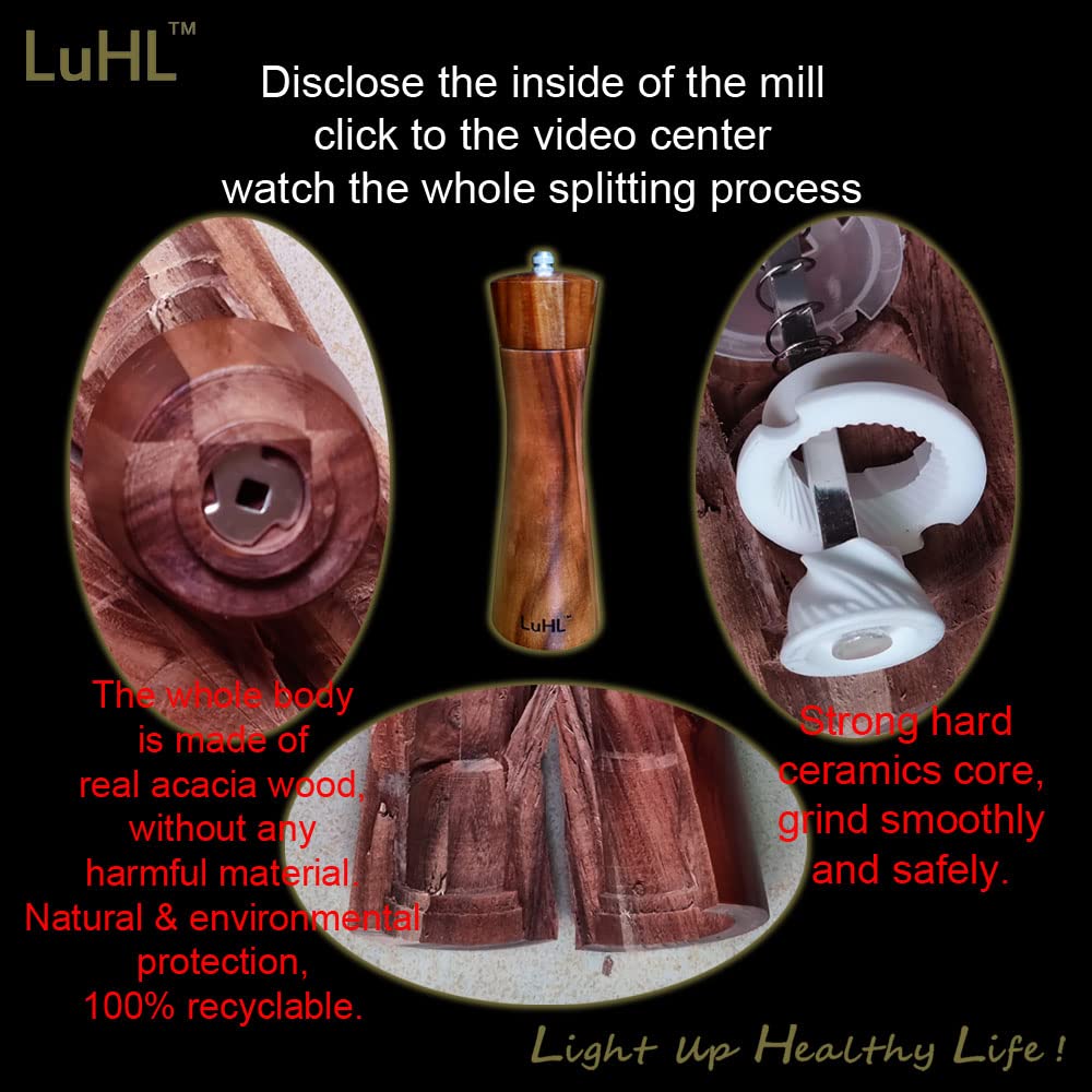 LuHL™ 8 inch Small pretty waist Acacia wooden pepper or salt mill, manual spice grinder