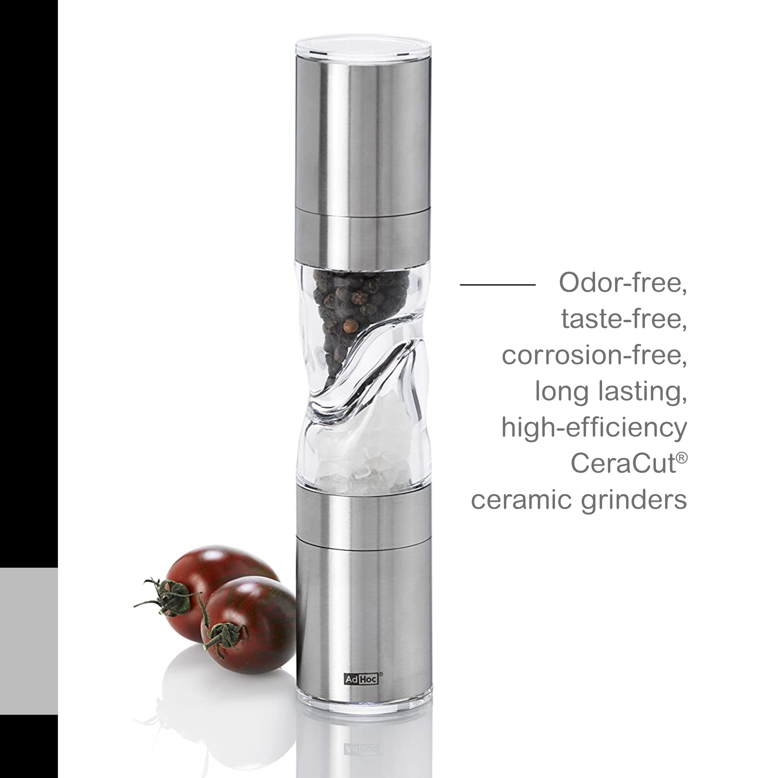 AdHoc Duomill Pure Salt and Pepper Combo Mill - 2-in-1 Salt and Pepper Grinder with Aroma Bottom Cap - Adjustable Grinder - Refillable Spice Tools - Hand Wash Kitchen Tool - Stainless Steel, 9"