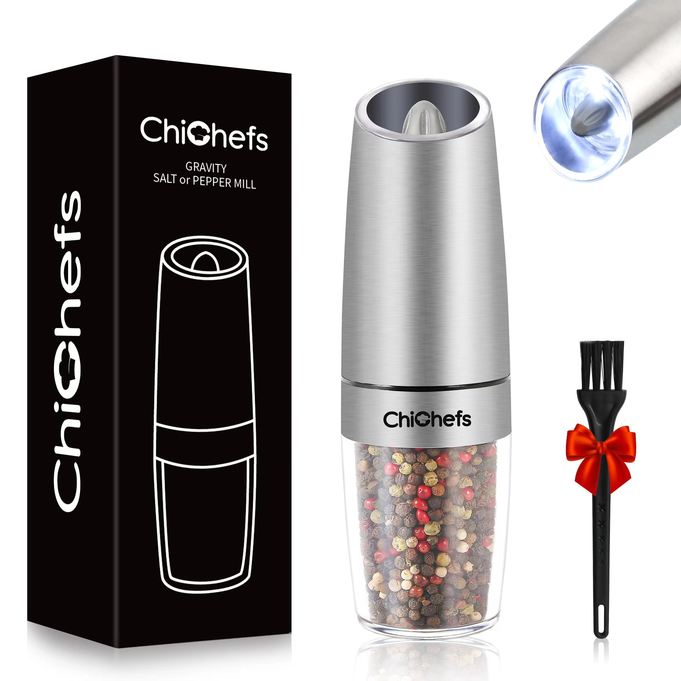 ChiChefs Electric Gravity Pepper Grinder or Salt Grinder Mill, Automatic Pepper Mill, Battery Operated with White LED Light, One Handed Operation, Adjustable Coarseness, Stainless Steel