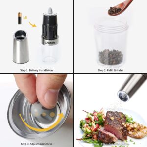 ChiChefs Electric Gravity Pepper Grinder or Salt Grinder Mill, Automatic Pepper Mill, Battery Operated with White LED Light, One Handed Operation, Adjustable Coarseness, Stainless Steel