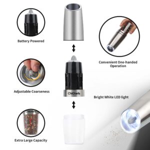 ChiChefs Electric Gravity Pepper Grinder or Salt Grinder Mill, Automatic Pepper Mill, Battery Operated with White LED Light, One Handed Operation, Adjustable Coarseness, Stainless Steel