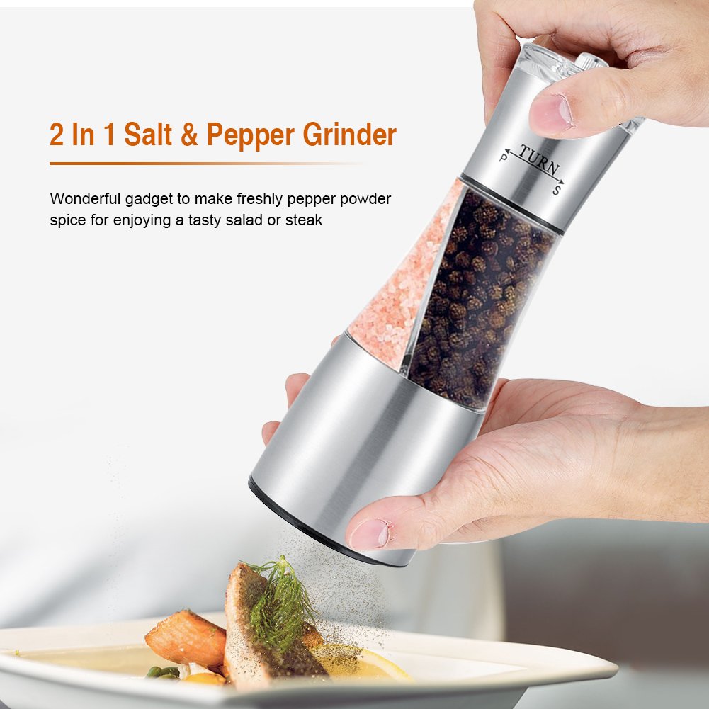 Dual Stainless Steel Pepper Grinder 2 in 1 Kitchen Salt & Pepper Mill Grinder Glass Body Shakers Pepper Mill Adjustable Ceramic Rotor