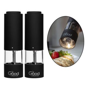 electric pepper grinder and salt mill (2 pack)- battery operated one-handed spice dispenser w led light & adjustable coarseness- matte black, batteries included