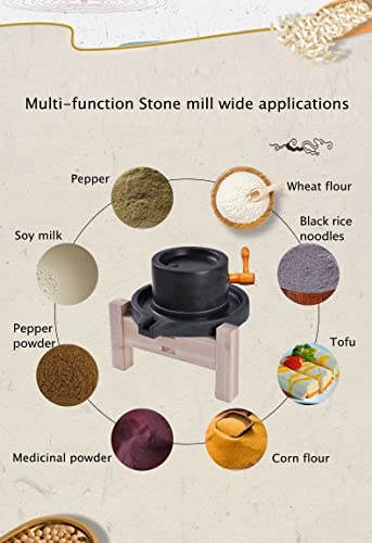 Coffee Grinder,Stone Mill,Hand Stone Mill, Grinding Wet Soybean Milk, Wheat Flour, Corn Juice, Sesame Seeds, Almonds,Peppers,Spices, Mung Beans,with Wooden Frame (7.87 * 11.8, White)