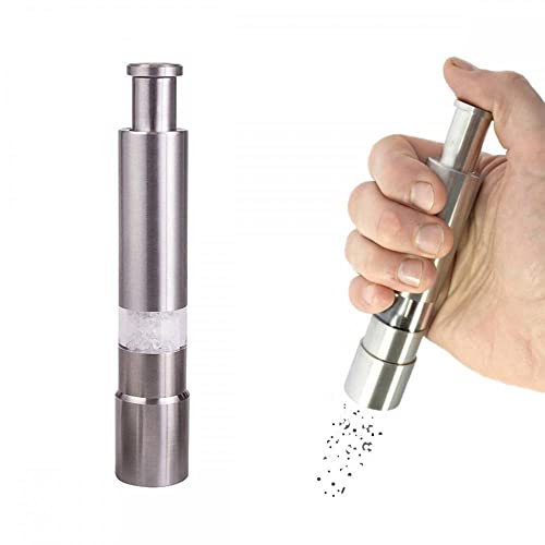 jessie Salt and Pepper Grinder, Thumb Press Grinder, Stainless Steel Salt Pepper Mill for Home Kitchen (Silver spring built-in single)