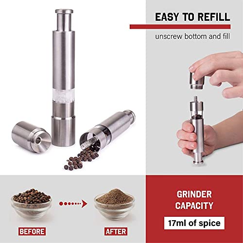 jessie Salt and Pepper Grinder, Thumb Press Grinder, Stainless Steel Salt Pepper Mill for Home Kitchen (Silver spring built-in single)