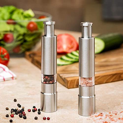 jessie Salt and Pepper Grinder, Thumb Press Grinder, Stainless Steel Salt Pepper Mill for Home Kitchen (Silver spring built-in single)