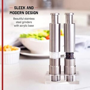 jessie Salt and Pepper Grinder, Thumb Press Grinder, Stainless Steel Salt Pepper Mill for Home Kitchen (Silver spring built-in single)