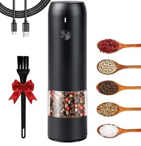 electric pepper grinder mill, usb rechargeable salt and pepper grinder with ceramic grind and led light, adjustable coarseness and refillable glass, no battery needed - black