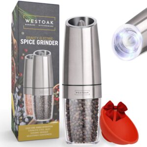 gravity electric pepper grinder or salt mill | white led light | easy one-handed automatic use | battery powered | adjustable coarseness | brushed stainless steel | by westoak