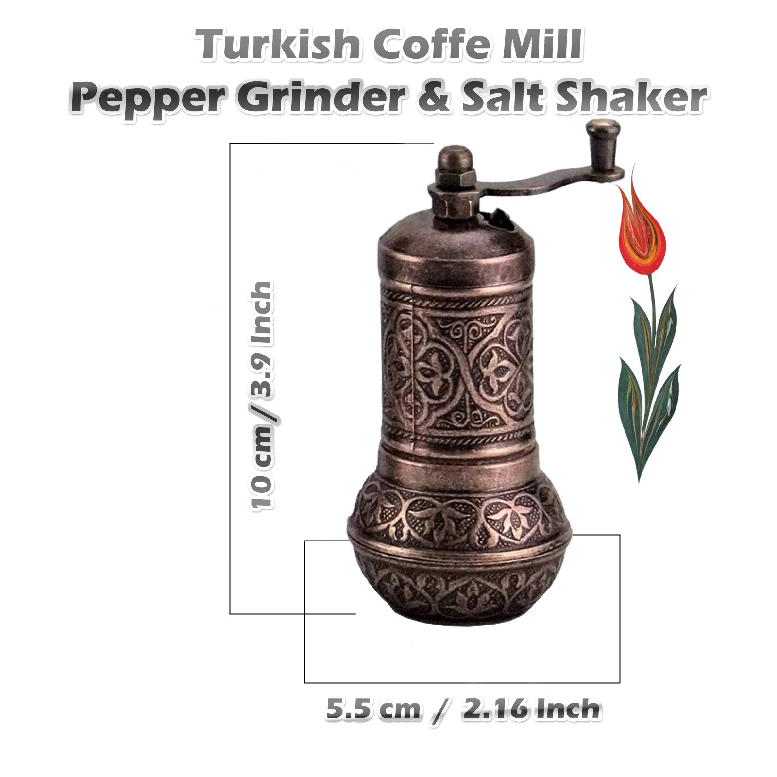 BestChoice Pepper Salt Coffee Grinder - 3 in One - Turkish Coffee Mill - with Spice Shovel Spoon - Salt Shaker - Zinc Alloy Casting Best Carving Metal - Adjustable Coarseness - Bronze Color Design