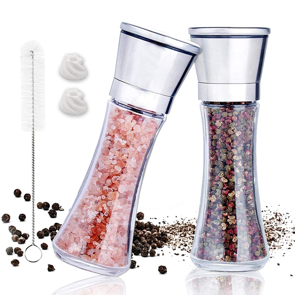 KOKO Glass Salt and Pepper Grinders with Spare 2 Ceramic Cores & Cleaning Brush- Tall Glass Body and 304 Stainless Steel with Adjustable Non-Corrosive Creamic Salt and Pepper Grinder Mill Set