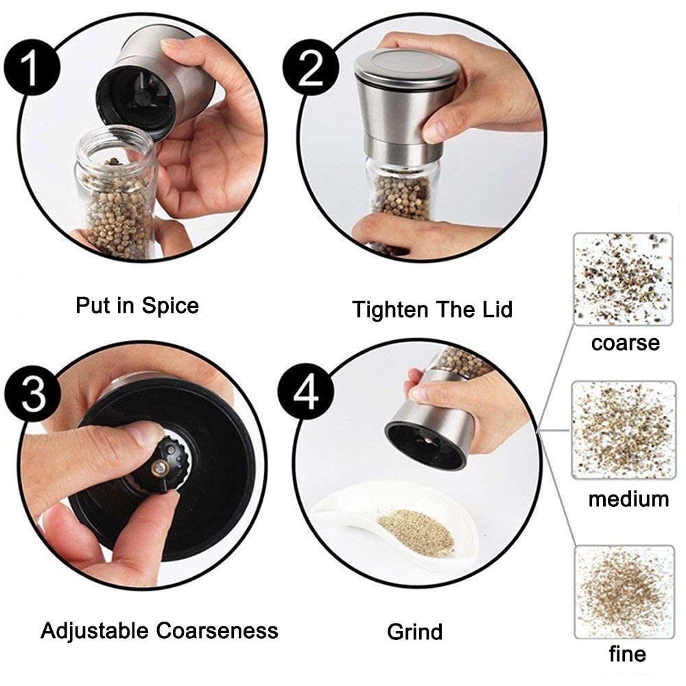 KOKO Glass Salt and Pepper Grinders with Spare 2 Ceramic Cores & Cleaning Brush- Tall Glass Body and 304 Stainless Steel with Adjustable Non-Corrosive Creamic Salt and Pepper Grinder Mill Set