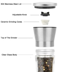 KOKO Glass Salt and Pepper Grinders with Spare 2 Ceramic Cores & Cleaning Brush- Tall Glass Body and 304 Stainless Steel with Adjustable Non-Corrosive Creamic Salt and Pepper Grinder Mill Set