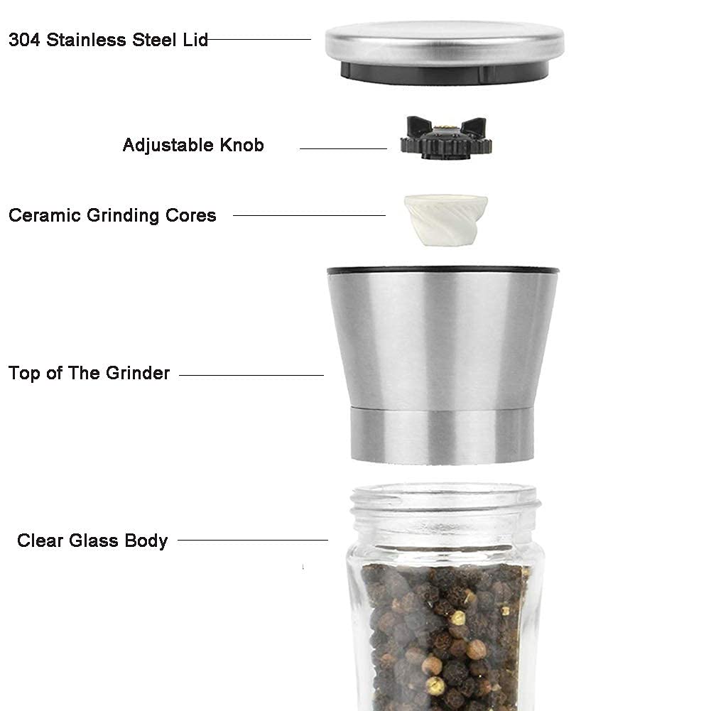 KOKO Glass Salt and Pepper Grinders with Spare 2 Ceramic Cores & Cleaning Brush- Tall Glass Body and 304 Stainless Steel with Adjustable Non-Corrosive Creamic Salt and Pepper Grinder Mill Set