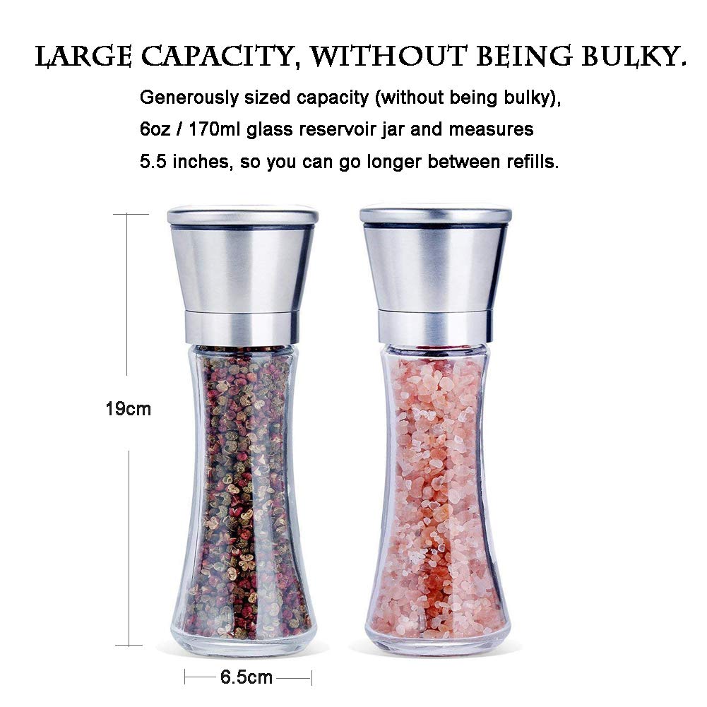 KOKO Glass Salt and Pepper Grinders with Spare 2 Ceramic Cores & Cleaning Brush- Tall Glass Body and 304 Stainless Steel with Adjustable Non-Corrosive Creamic Salt and Pepper Grinder Mill Set