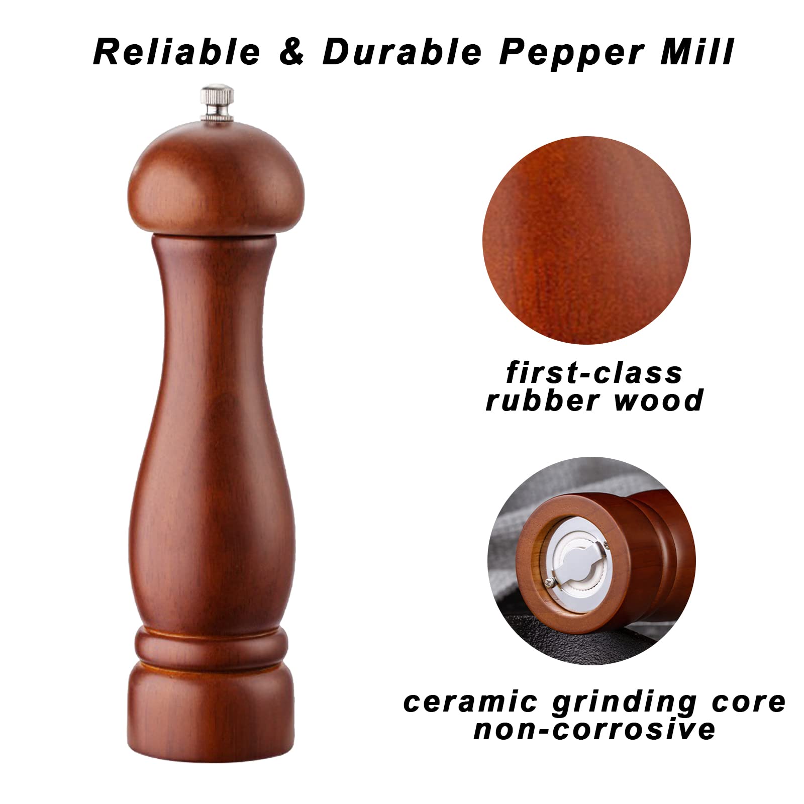 Wooden Pepper Grinder, Adjustable Coarseness Pepper Mill, ADWSET Ceramic Grinding Peppercorn Salt Refillable Kitchen Gadgets, Salt Grinder with Adjustable Rotor/8 inch