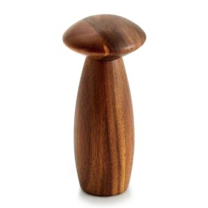 nambe - gourmet collection - contour pepper mill - measures at 3" x 3.5" x 7" - made with acacia wood and ceramic mechanism - designed by lou henry