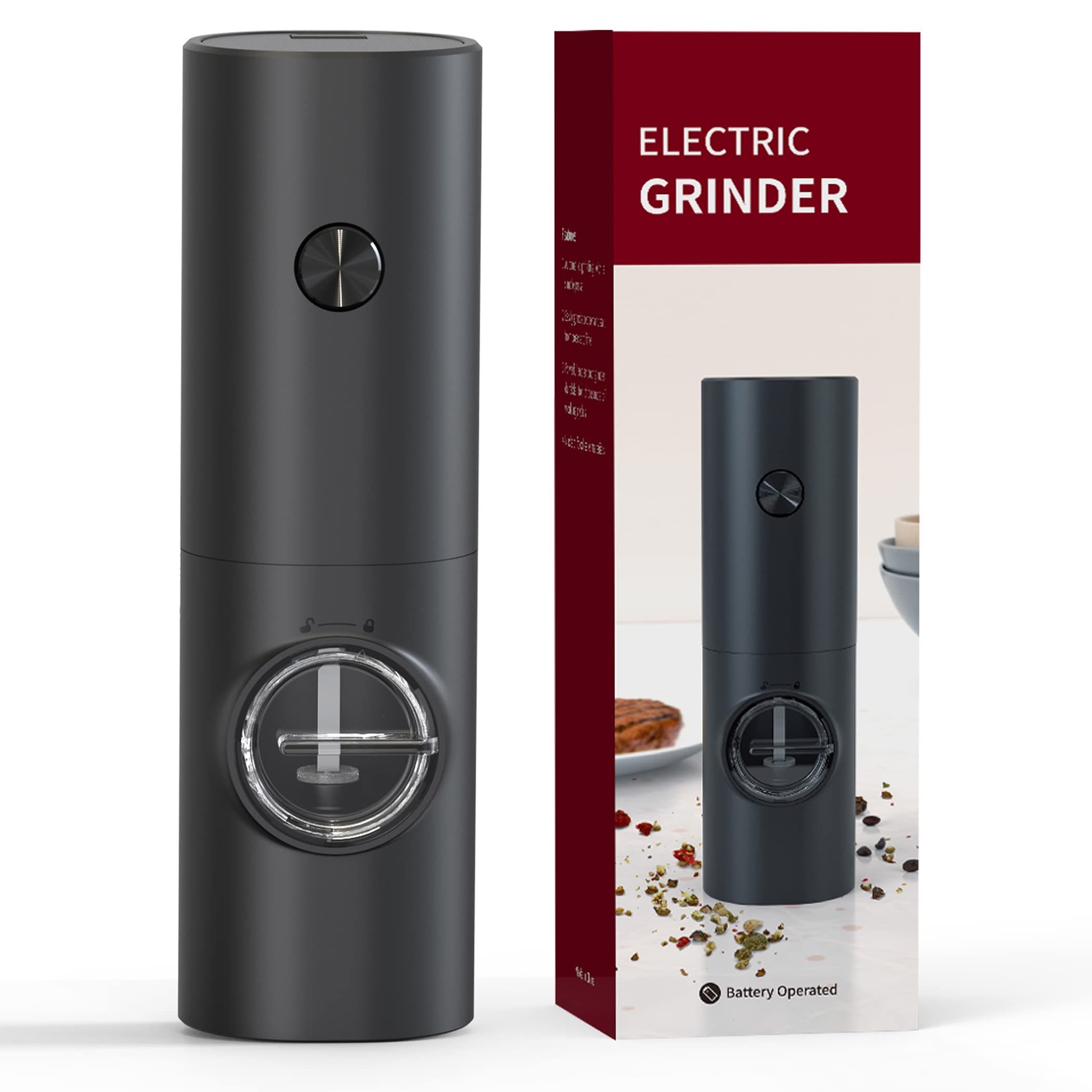 Electric Pepper Grinder or Salt Grinder, Adjustable Coarseness, Battery Powered Electric Pepper Grinder with Lights, one-handed operation, Frosted body ABS quality from IyxicmI