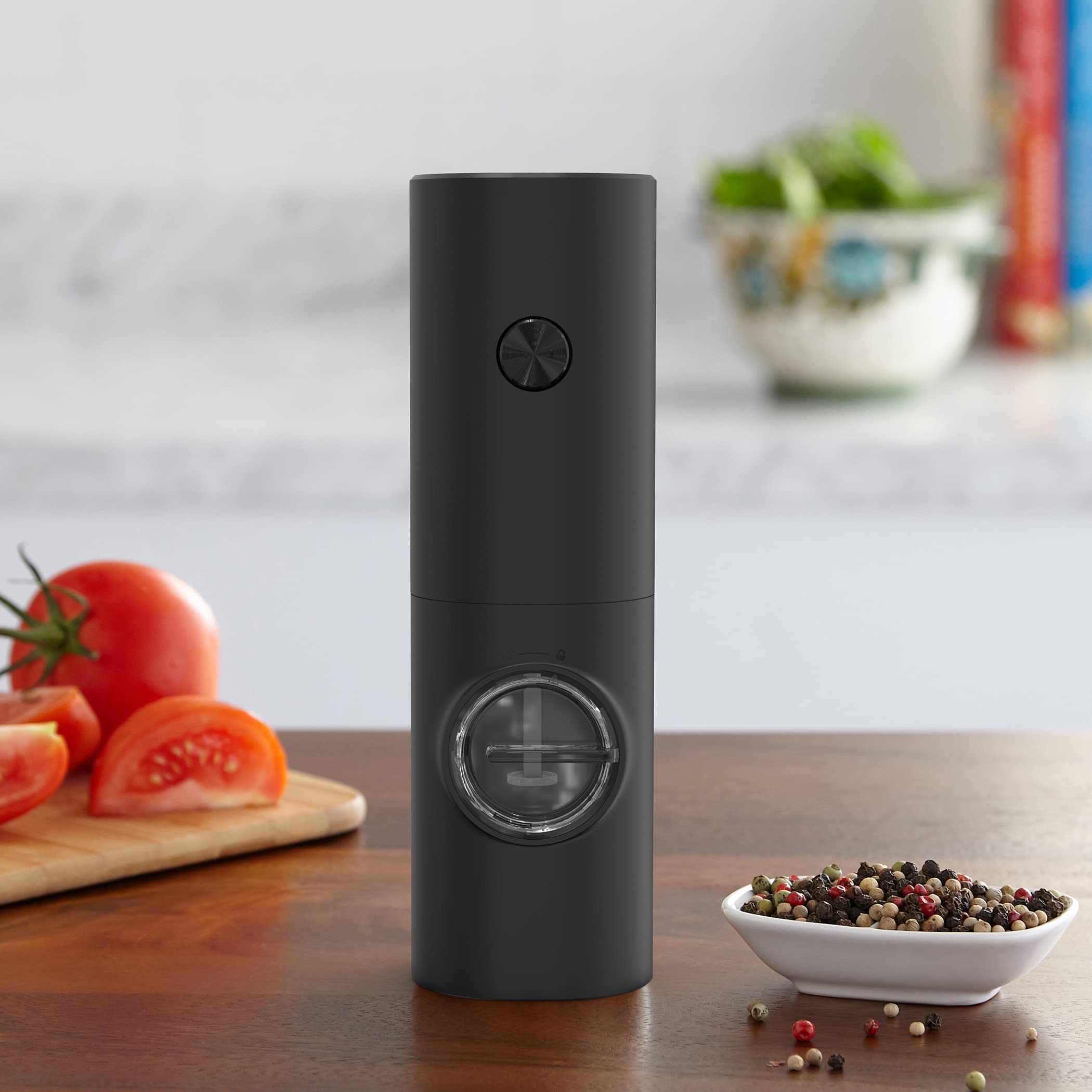 Electric Pepper Grinder or Salt Grinder, Adjustable Coarseness, Battery Powered Electric Pepper Grinder with Lights, one-handed operation, Frosted body ABS quality from IyxicmI