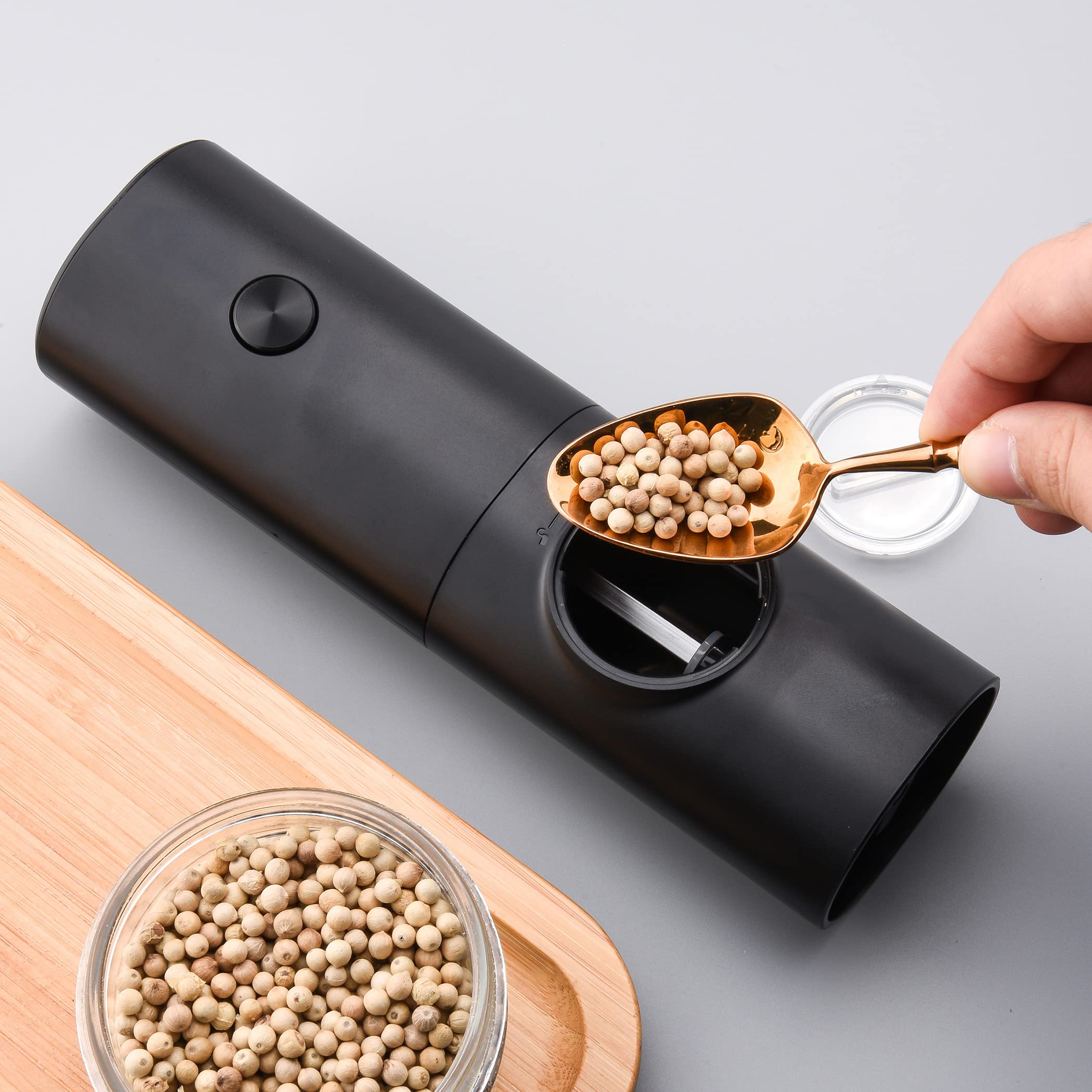 Electric Pepper Grinder or Salt Grinder, Adjustable Coarseness, Battery Powered Electric Pepper Grinder with Lights, one-handed operation, Frosted body ABS quality from IyxicmI