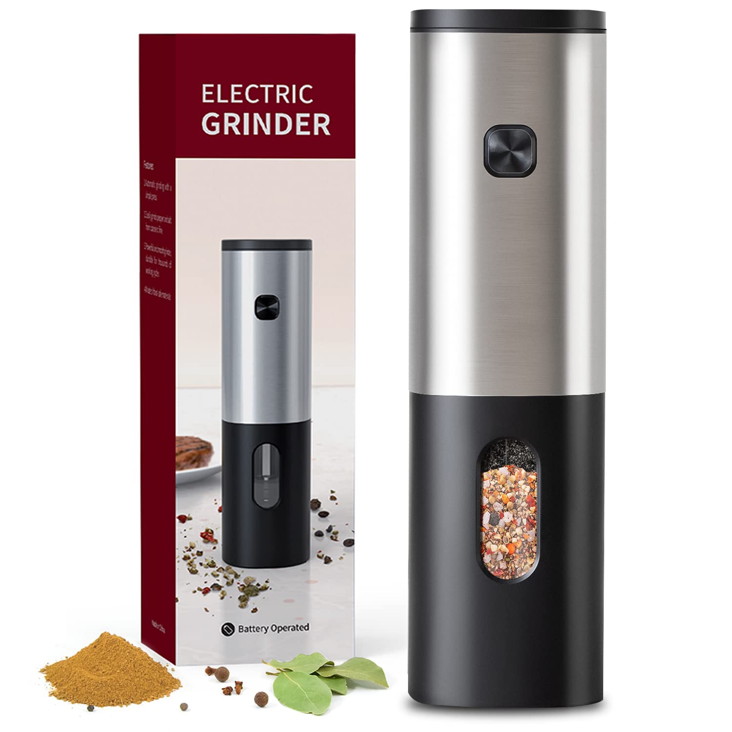 Electric Salt and Pepper Grinder, Automatic Pepper Mill with LED Light, Adjustable Coarseness, Battery Powered, One Hand Operated Refillable for Kitchen Resturant BBQ, Stainless Steel Black