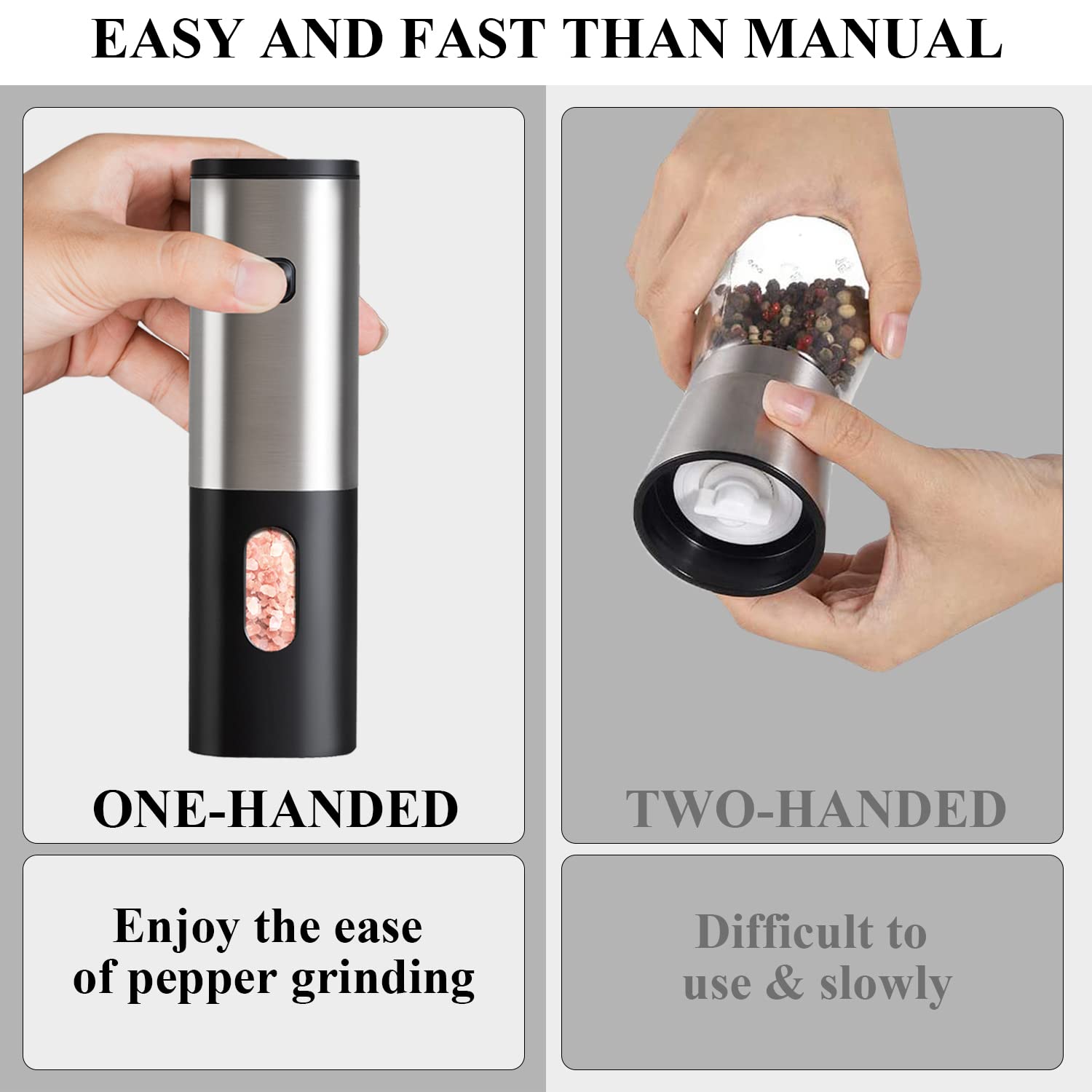 Electric Salt and Pepper Grinder, Automatic Pepper Mill with LED Light, Adjustable Coarseness, Battery Powered, One Hand Operated Refillable for Kitchen Resturant BBQ, Stainless Steel Black