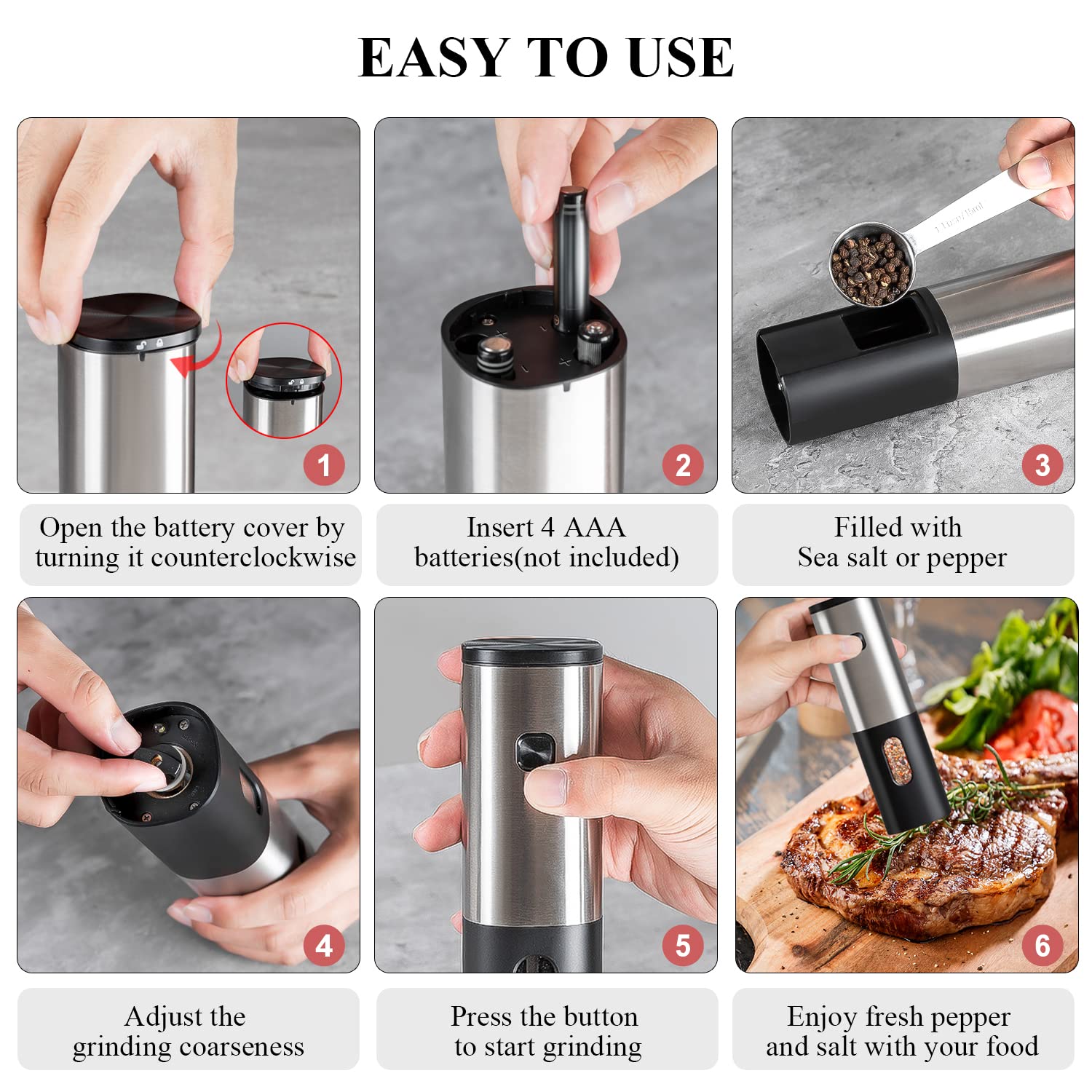 Electric Salt and Pepper Grinder, Automatic Pepper Mill with LED Light, Adjustable Coarseness, Battery Powered, One Hand Operated Refillable for Kitchen Resturant BBQ, Stainless Steel Black