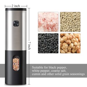 Electric Salt and Pepper Grinder, Automatic Pepper Mill with LED Light, Adjustable Coarseness, Battery Powered, One Hand Operated Refillable for Kitchen Resturant BBQ, Stainless Steel Black