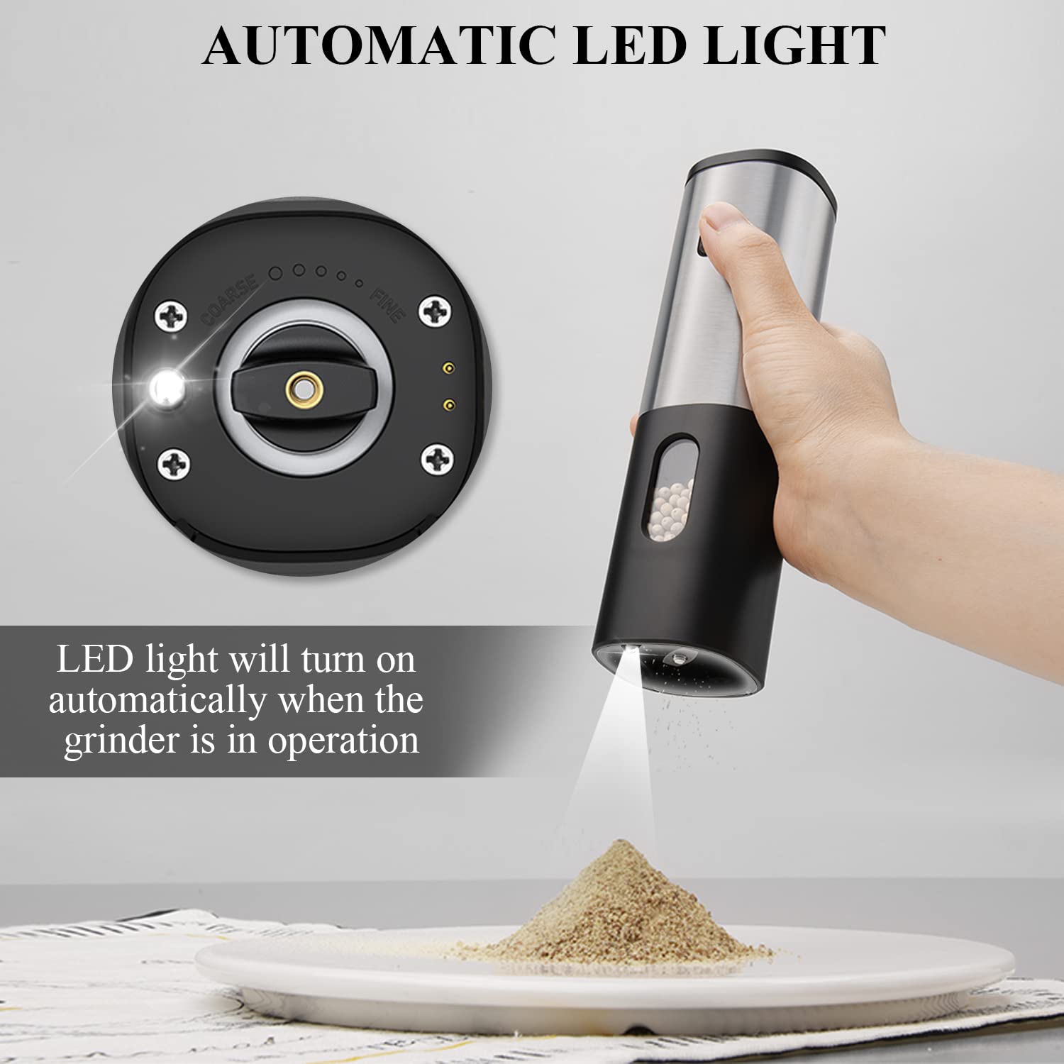 Electric Salt and Pepper Grinder, Automatic Pepper Mill with LED Light, Adjustable Coarseness, Battery Powered, One Hand Operated Refillable for Kitchen Resturant BBQ, Stainless Steel Black