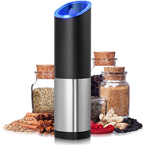 Mata1 Electric Spice Grinder (Black & Silver), Automatic Gravity Salt & Pepper Mill, Refillable w/Adjustable Coarseness, Stainless Steel Battery Operated Electronic Seasoning Grinder