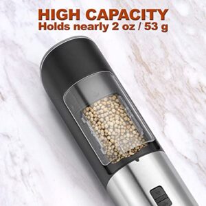 Mata1 Electric Spice Grinder (Black & Silver), Automatic Gravity Salt & Pepper Mill, Refillable w/Adjustable Coarseness, Stainless Steel Battery Operated Electronic Seasoning Grinder