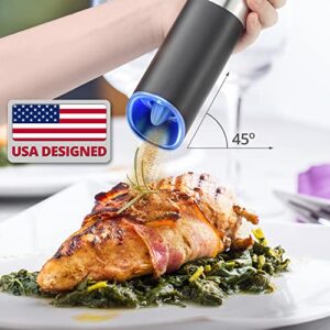 Mata1 Electric Spice Grinder (Black & Silver), Automatic Gravity Salt & Pepper Mill, Refillable w/Adjustable Coarseness, Stainless Steel Battery Operated Electronic Seasoning Grinder