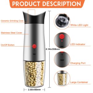 MOVNO Salt and Pepper Grinder Set USB Gravity Electric, Pepper Grinder Refillable Rechargeable, Salt and Pepper Mill, Automatic Powered with Ceramic Grind LED Light, Auto Peppercorn Shaker-Set of 2