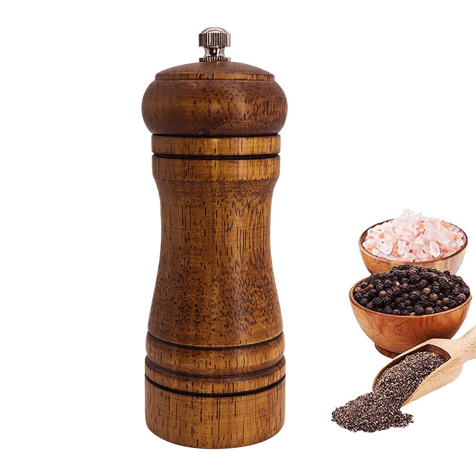 EpinItd Wooden Pepper Mill, Ceramic Burr Adjustable Coarseness Pepper Grinder, Durable Manual Spice Pepper Mills Easily Refillable and Great Use, 5 Inch Brown