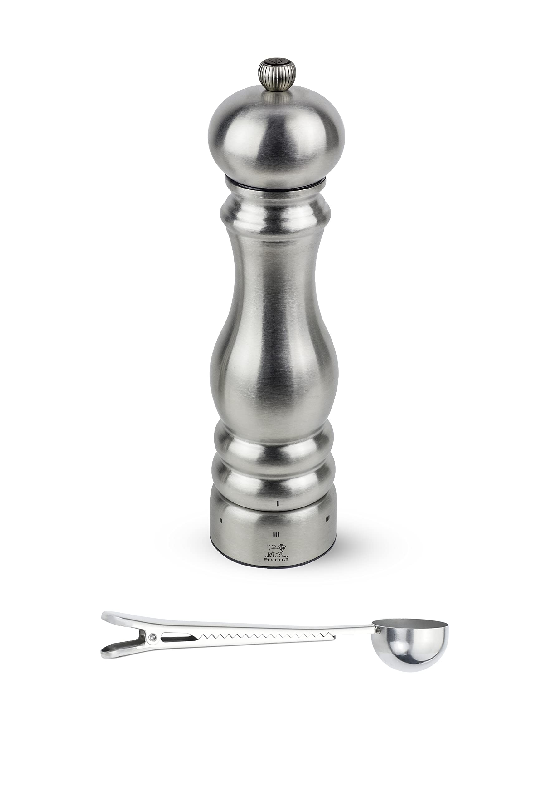 Peugeot Paris Chef u'Select Stainless Steel Pepper Mill - With Stainless Steel Spice Scoop/Bag Clip (9 -Inch, Pepper Mill)