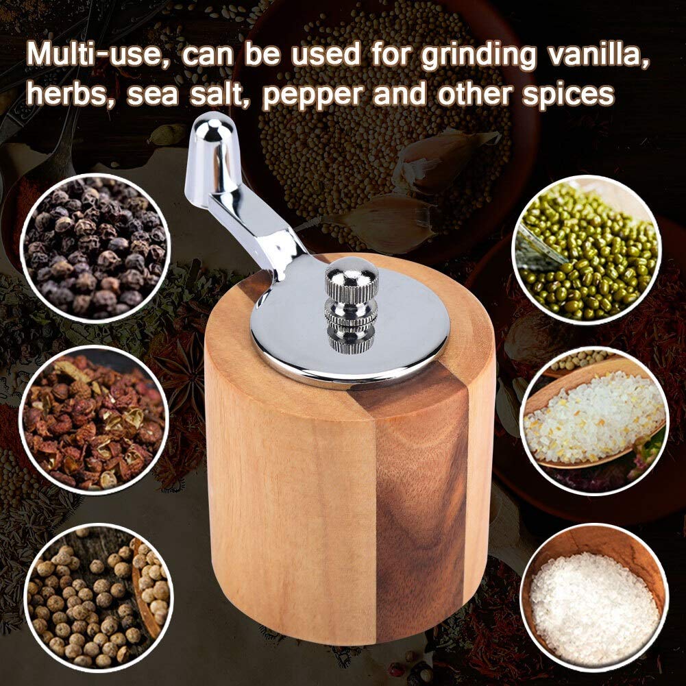 Wooden Pepper Grinder, Manual Peppercorn Spices Mill 2.56 * 3.15 Inch Wood Stainless Steel Ceramic Grinding Chili Herbs Crusher Tool with Long Crank