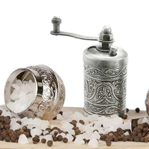 Salt and Black Pepper Grinder, Refillable Spice Grinder, Vintage Turkish Pepper Mill, Authentic Salt Grinder with Adjustable Coarseness, 4.2 in (Bright Silver)