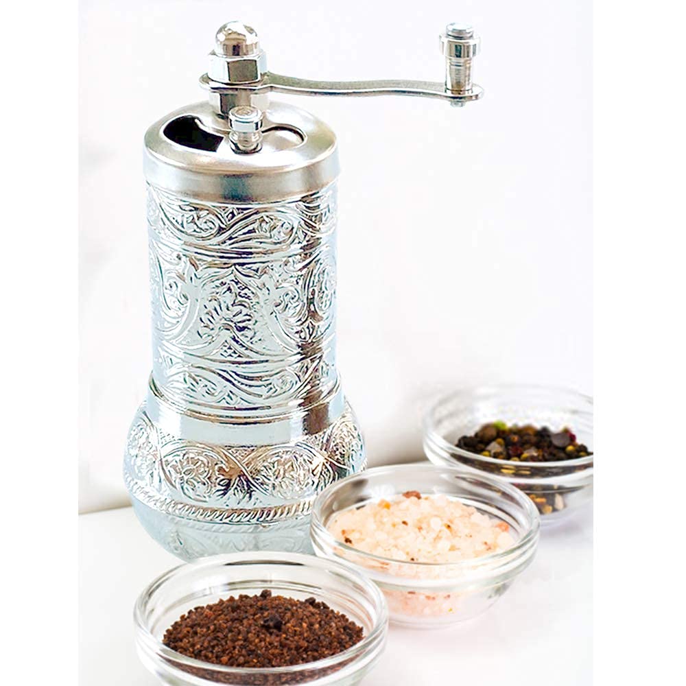 Salt and Black Pepper Grinder, Refillable Spice Grinder, Vintage Turkish Pepper Mill, Authentic Salt Grinder with Adjustable Coarseness, 4.2 in (Bright Silver)