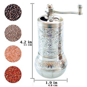 Salt and Black Pepper Grinder, Refillable Spice Grinder, Vintage Turkish Pepper Mill, Authentic Salt Grinder with Adjustable Coarseness, 4.2 in (Bright Silver)