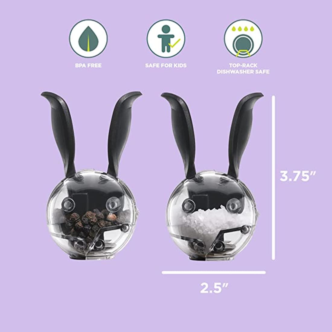 RROAD Manual Salt and Pepper Mill Set ，Mini Manual Black Pepper Grinder Multifunction Cruet Spice Grinder Ball Shape Black Rabbit Ears Design Kitchen Tools(2Pcs)