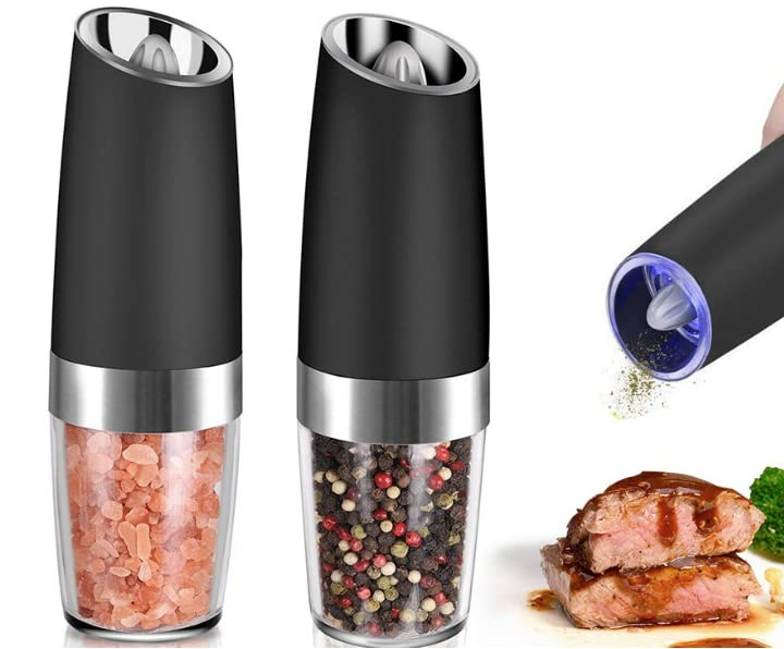 Electric Salt & Pepper Grinders - Black One Hand Grinder - Gifts for Him, Gifts for Home, Stocking Stuffer - 2 Pack