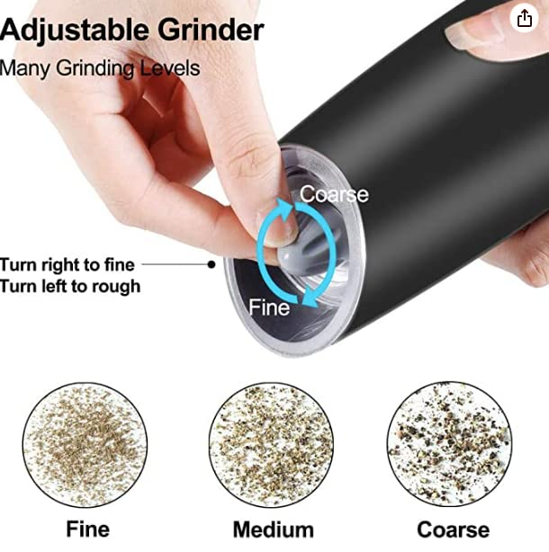 Electric Salt & Pepper Grinders - Black One Hand Grinder - Gifts for Him, Gifts for Home, Stocking Stuffer - 2 Pack