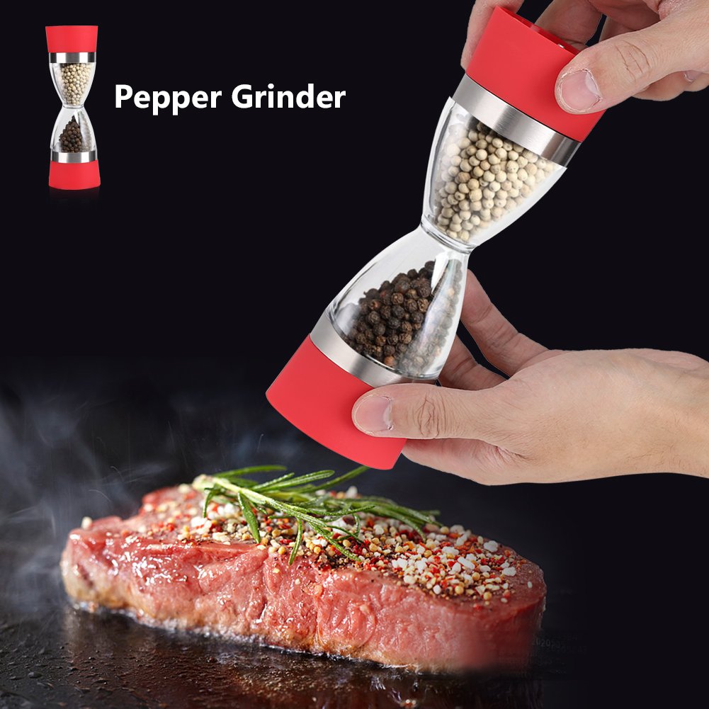 Double-ended Manual Salt Grinder, 2 in 1 Double-ended Manual Kitchen Salt & Pepper Mill Grinder Adjustable Ceramic Rotor(red)