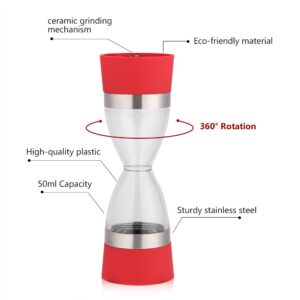 Double-ended Manual Salt Grinder, 2 in 1 Double-ended Manual Kitchen Salt & Pepper Mill Grinder Adjustable Ceramic Rotor(red)