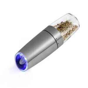 gravity electric pepper grinder, salt and pepper mill & adjustable coarseness, battery powered with led light, one hand automatic operation, stainless steel (single/silver)