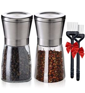 professional salt and pepper grinder set of 2 - brushed 304 stainless steel, adjustable ceramic coarseness, pepper, sesame, spice salt shaker, pepper grinder, added bonus two cleaning brush- 6 oz